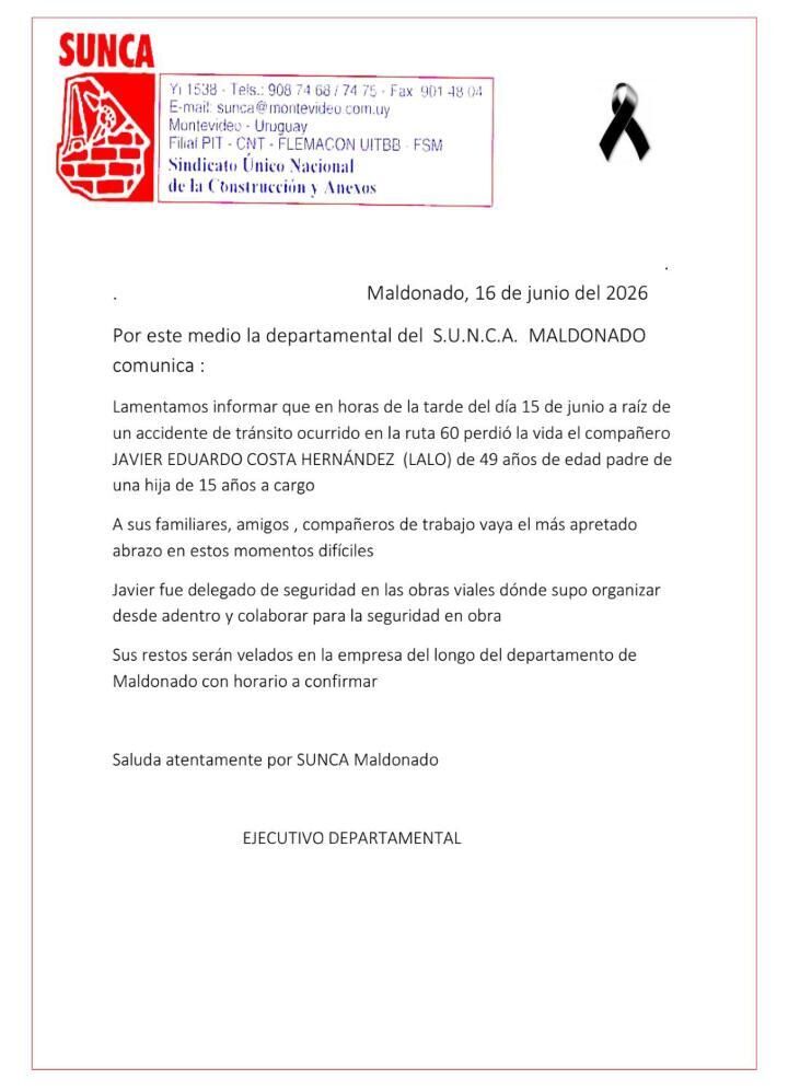 Referente de la departamental de Sunca en Maldonado falleció en ...